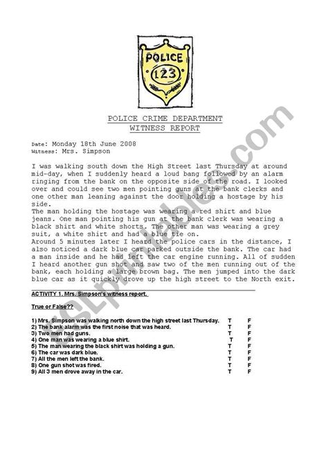 Police Reports ESL Worksheet By Listen Up