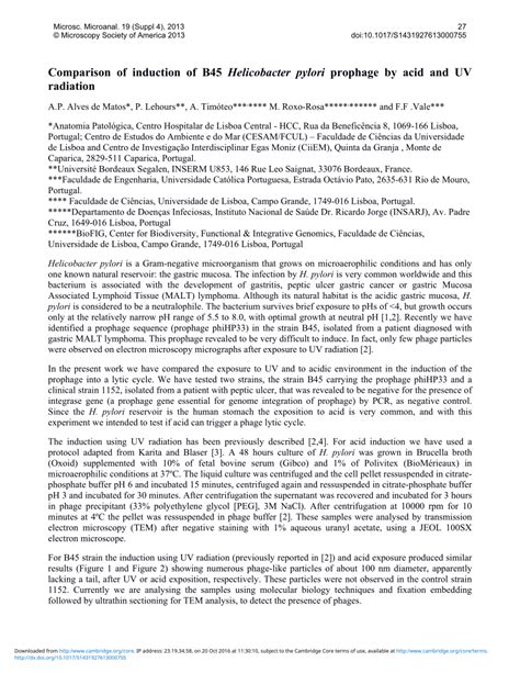 Pdf Comparison Of Induction Of B45 Helicobacter Pylori Prophage By Acid And Uv Radiation