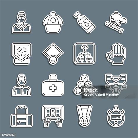 세트 라인 스톱워치 선수 가슴 보호대 야구 글러브 물병 필드 베이스 코치 및 챔피언십 토너먼트 브래킷 아이콘 벡터 1위에 대한 스톡 벡터 아트 및 기타 이미지 Istock