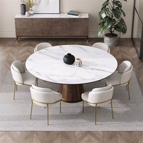 Mid Century 1200mm Round Dining Table White Faux Marble Tabletop 6