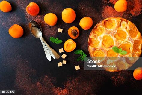 여름 살구 파이 수제 맛있는 과일 디저트 살구 타르트 과일 파이 어두운 소박한 배경입니다 맨 위 보기 복사 공간 살구에 대한