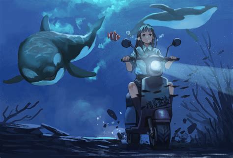 3840x1200 Resolution Anime Girl Riding Bike Under Water 3840x1200
