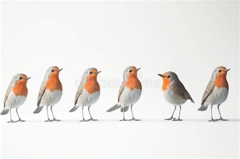 Six European Robins In A Row Wildlife Photography Bright Orange Breasts Detailed Illustration