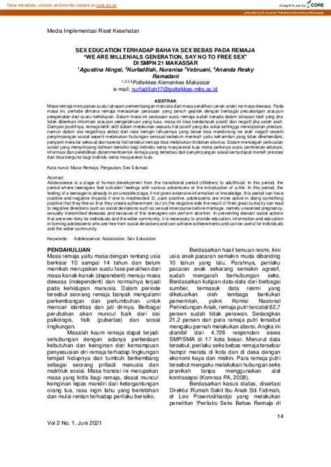 Pdf Sex Education Terhadap Bahaya Sex Bebas Pada Remaja “we Are Millenials Generation Say No