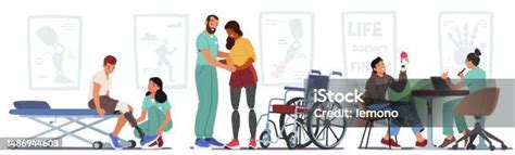 보철물을 가진 사람들의 재활 새로운 팔다리를 조정하기 위한 캐릭터 훈련 일상적인 작업 재학습 의사에 대한 스톡 벡터 아트 및