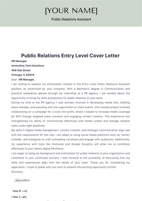 Free Public Relations Entry Level Cover Letter Template To Edit Online