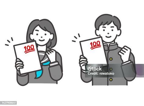 시험에서 100점을 획득하고 배짱 포즈 교복 고등학생 중학생 벼락 학교 행복을 만드는 일본인 학생의 벡터 일러스트 소재 결심에