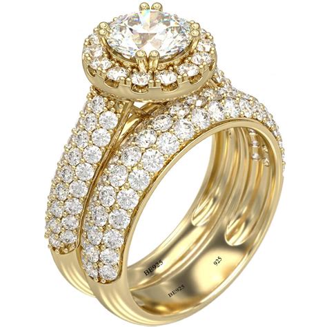 Halo Design 925 Sterling Silver 18k Gold Tone Wedding Ring Set