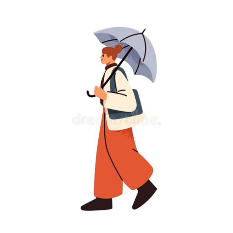 Woman With Umbrella Walking In Rain Female Character Strolling
