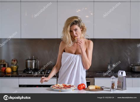 Woman Towel Covered Slim Body Kitchen Sexy Woman Kitchen Morning