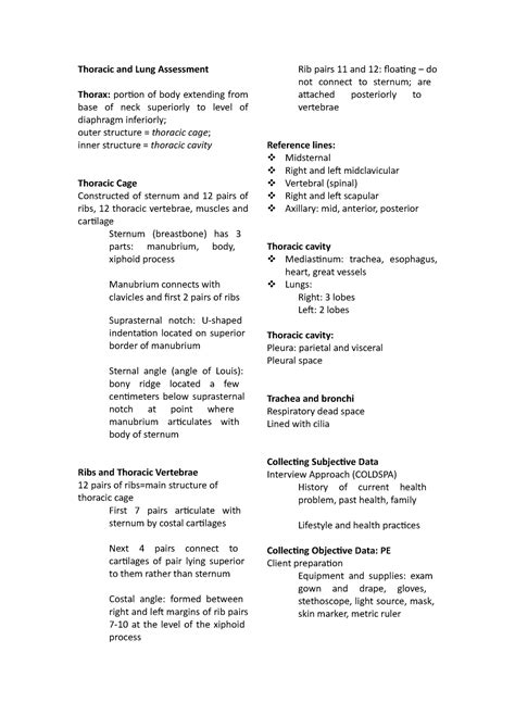 Thoracic And Lung Assessment Thoracic And Lung Assessment Thorax