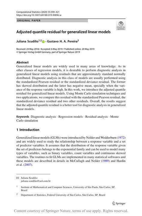Adjusted Quantile Residual For Generalized Linear Models Request Pdf