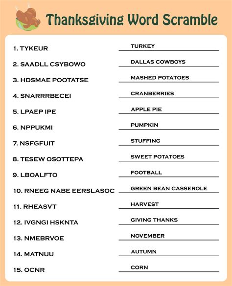 Thanksgiving Scrambled Words With Answers