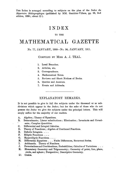 Index To The Mathematical Gazette The Mathematical Gazette