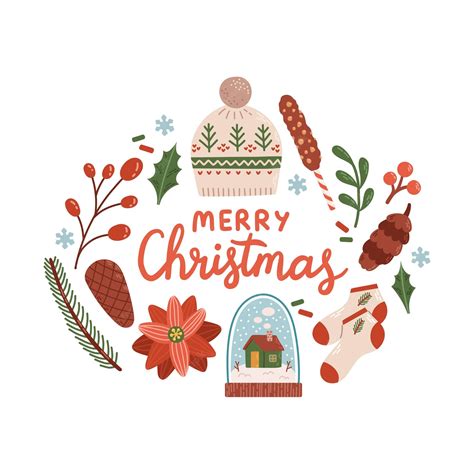 Premium Vector Merry Christmas Phrase With Wreath Lettering Isolated