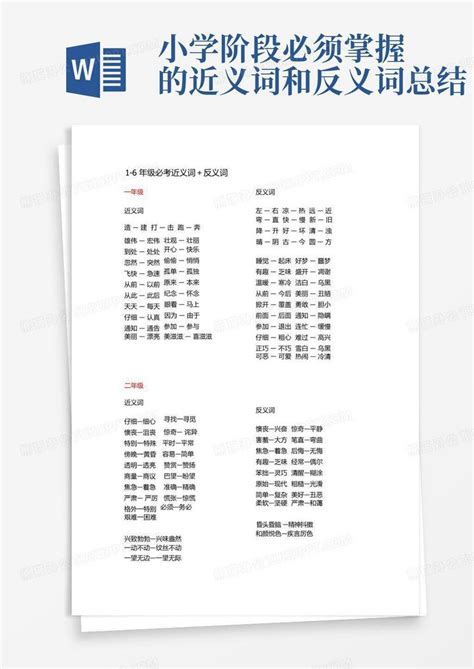 小学阶段必须掌握的近义词和反义词总结word模板下载编号qrkkvbrp熊猫办公