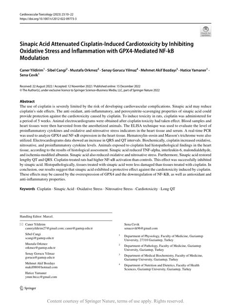 Sinapic Acid Attenuated Cisplatin Induced Cardiotoxicity By Inhibiting