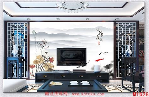M1628 中式水墨山水咏荷鱼趣手绘荷花小船九鱼图鲤鱼背景墙壁画 酷点图库