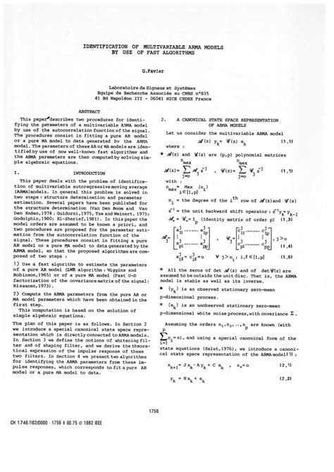 Pdf Identification Of Multivariable Arma Models By Use Of Fast Algorithms
