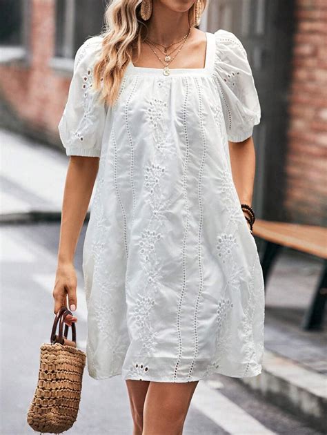 Shein Lune Square Neck Puff Sleeve Dress Shein Usa