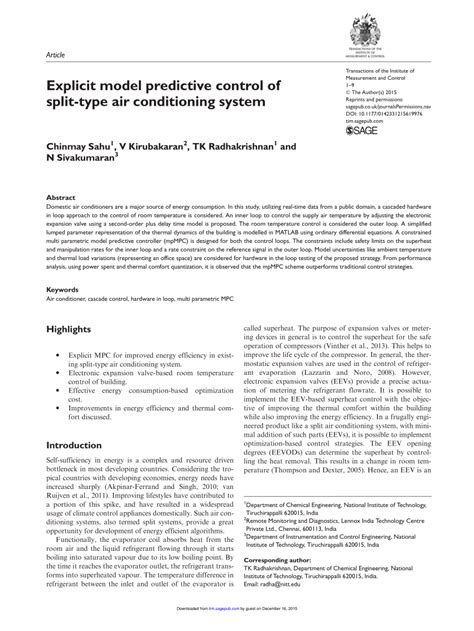 Pdf Explicit Model Predictive Control Of Split Type Air Conditioning