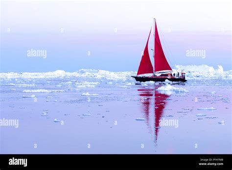 Beautiful Red Sailboat Sailing Among Icebergs During Dawn Ilulissat