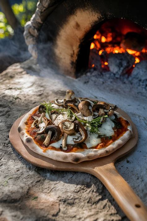 Savory Wild Mushroom Pizza Freshly Baked In Clay Oven Stock