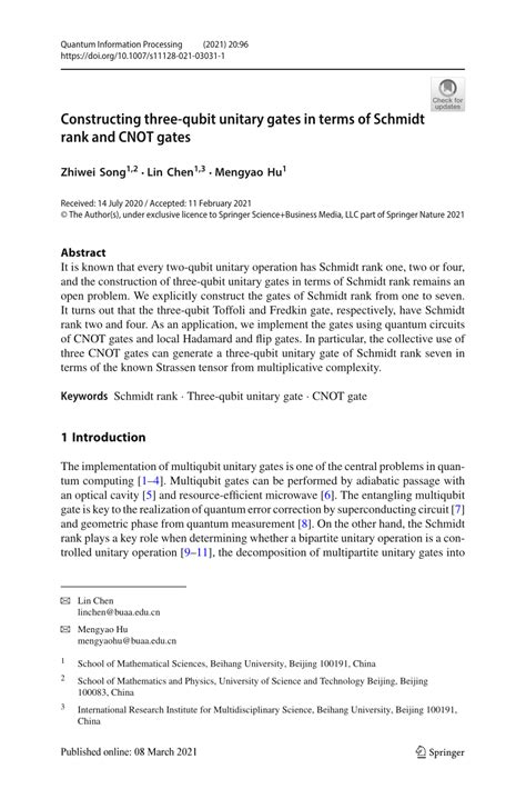 Pdf Constructing Three Qubit Unitary Gates In Terms Of Schmidt Rank