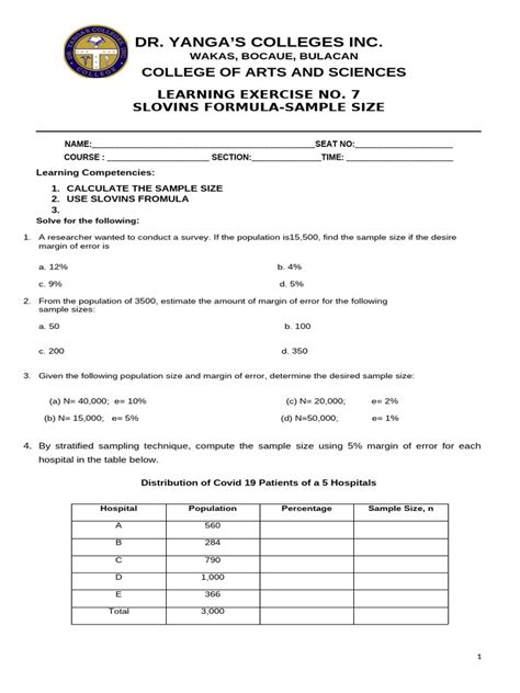 Exercise No7 Slovins Formula Sample Size Pdf