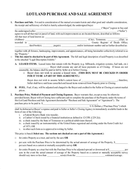 Land Purchase And Sale Agreement Template
