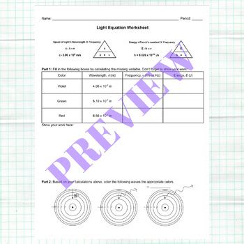 Light Equations Wavelength Frequency Energy Practice Worksheet