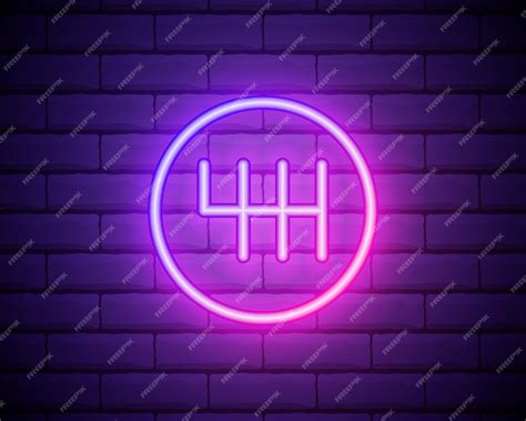 네온 스타일의 운전 기어 컨트롤 개요 아이콘 네온 스타일 아이콘의 자동차 수리 그림 요소 표지판 및 기호는 벽돌 벽에 격리된 웹 로고 모바일 앱 Ui Ux에 사용할 수