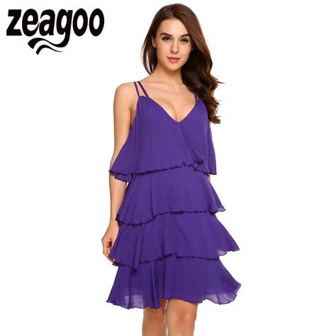 Zeagoo Women Double Spaghetti Strap V Neck Sleeveless Tiered Ruffle