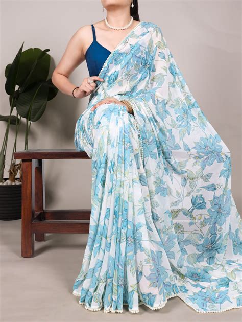 Floral Printed Marble Saree With Pearl Lace And Moonga Silk Blouse