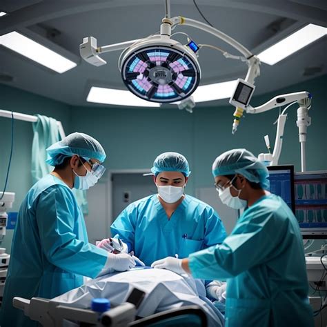 Equipo de cirujanos que trabajan con el seguimiento del paciente en la sala de operaciones ...