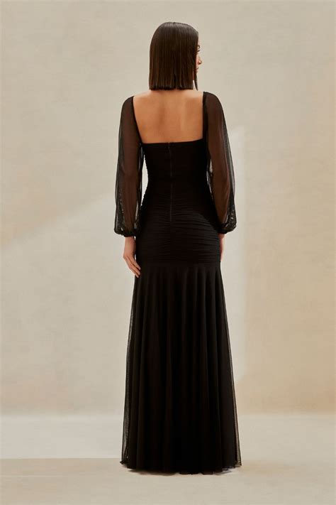 Vestido De Festa Longo Manga Longa E Fenda Lateral Zuri Preto