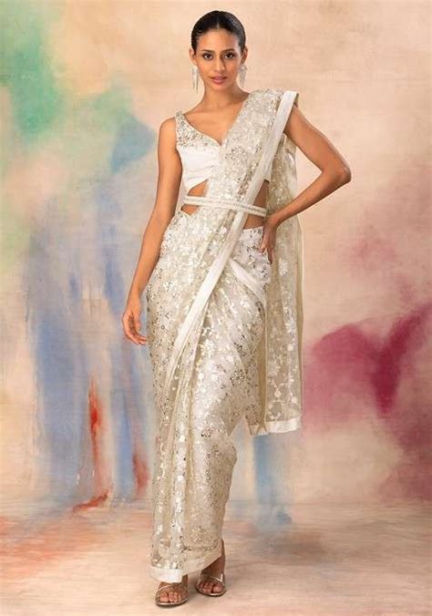 Buy Women Off White Floral Foil Print Pre Stitched Saree Set With