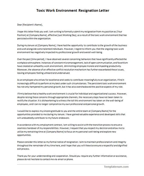 Toxic Work Environment Resignation Letter Template