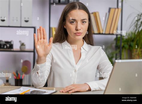 Stop Caucasian Business Woman Working On Laptop Warning Of Finish Prohibited Access