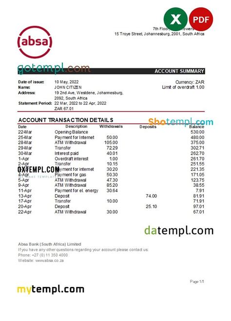 South Africa Absa Bank Statement Excel And Pdf Template Oxtempl We Make Templates