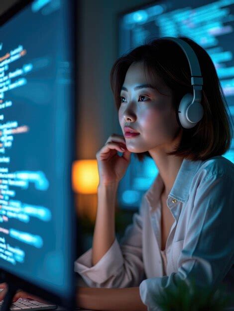 Female Developer With Headphones Coding On Multiple Screens In A Dimly Lit Room Premium Ai