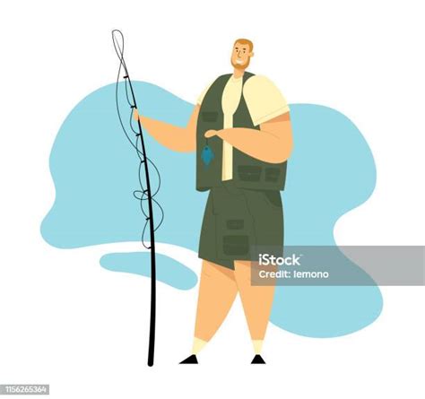 그가 잡은 물고기를 보여주는 손에 막대를 들고 어부 캐릭터 낚시 편안한 여름 취미 어부는 좋은 캐치가있습니다 여름 시간 레저