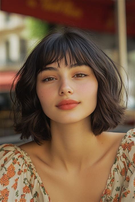 Dark Hair Sleek French Bob With Wispy Fringe And Natural Texture
