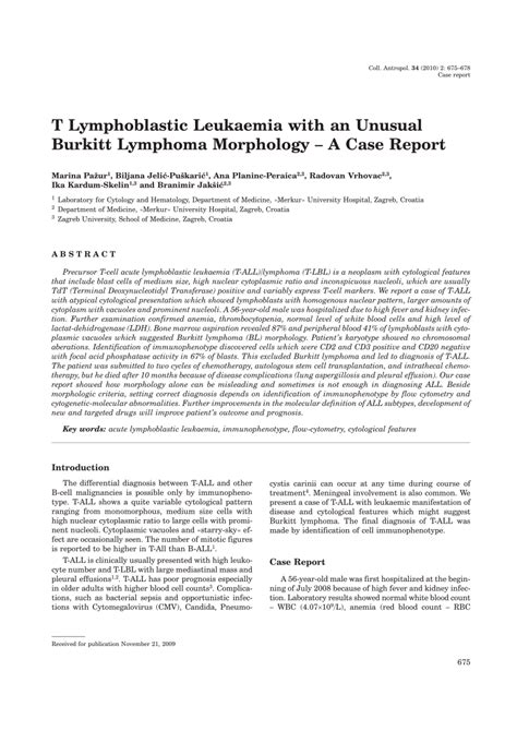 Pdf T Lymphoblastic Leukaemia With An Unusual Burkitt Lymphoma
