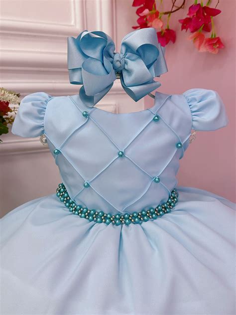 Vestido Infantil Azul Bebê Peito Nervuras Cinto de Pérolas Rosa Charmosa Atacado