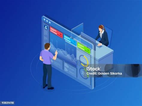 데이터 네트워크 관리의 아이소메트릭 개념입니다 Businessmans 데이터에서 센터 방 서버와 컴퓨터 데이터베이스를 호스팅