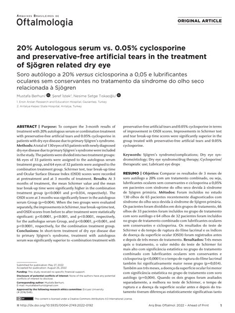 Pdf 20 Autologous Serum Vs 005 Cyclosporine And Preservative Free Artificial Tears In The