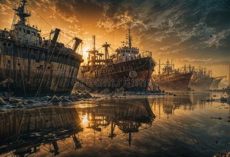 Abandoned Ship Graveyard At Sunset Rusty Wrecks And Reflections On