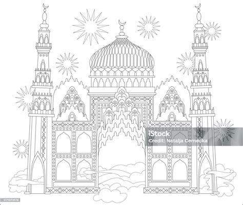 색칠을 위한 흑백 페이지 동화에서 환상적인 아랍 성 어린이와 성인을 위한 워크시트 벡터 이미지입니다 0명에 대한 스톡 벡터 아트 및 기타 이미지 Istock