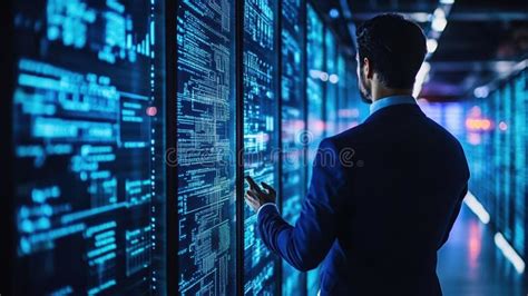 Businessman Interacting With Futuristic Digital Display In High Tech Server Room With Blue Neon